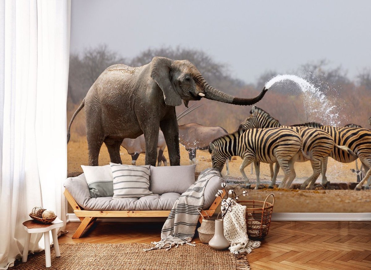 Fotobehang - Vlies Behang - Zebra's en Olifant in Afrika - Natuur - Dieren - 208 x 146 cm | bol.com