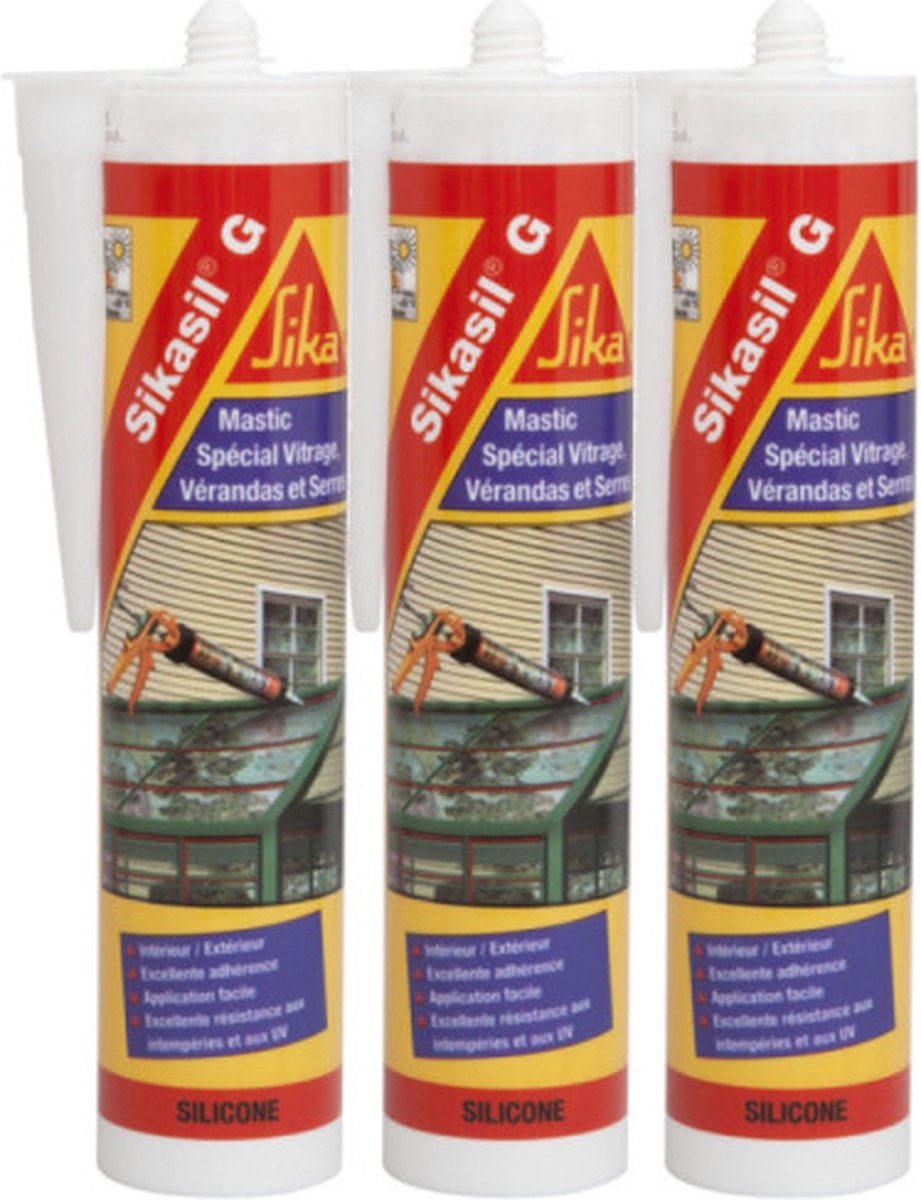 Set van 3 elastische siliconenkitten - SIKA Sikasil G - Wit - 300ml | bol