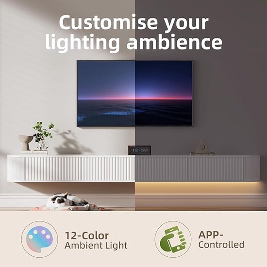 Zwevende TV-kast 220 cm – Wandgemonteerde moderne TV-onderkast met RGB ...