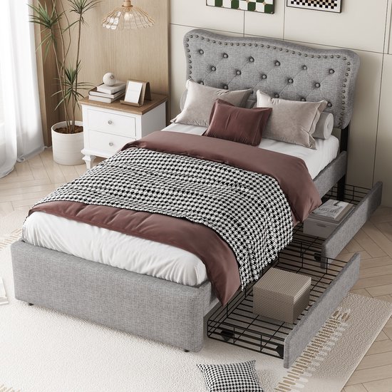 Bed 90x200 cm - MDF en linnen - Grijs - 2 opbergladen - Gestoffeerd ...