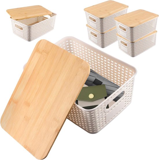 Stapelbare opbergdozen Wit met Bamboe Deksel, Set van 6 | bol