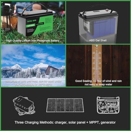 12V 100Ah Lithium Accu LiFePO4 met 100A BMS voor Camper, Zonnepaneel en ...