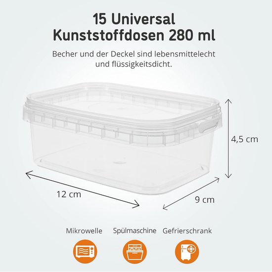 Hoekige kunststof vershouddozen met deksel - Set van 15, 280 ml ...