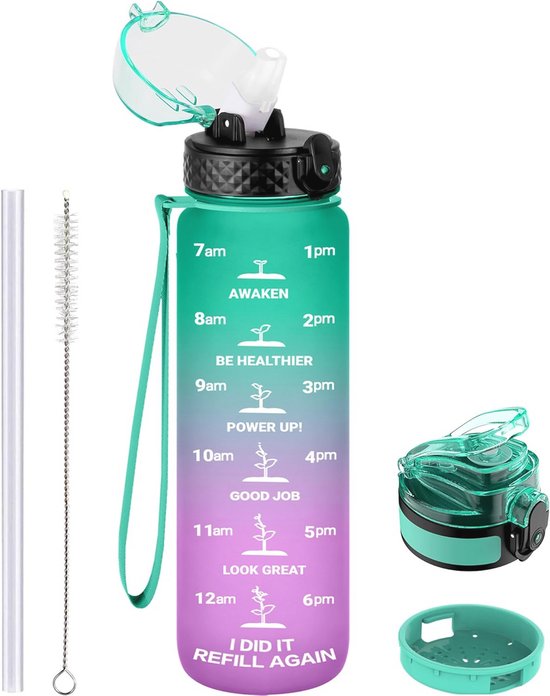 Sport waterfles 1L met stro en tijdmarkeringen, ideale lekbestendige ...