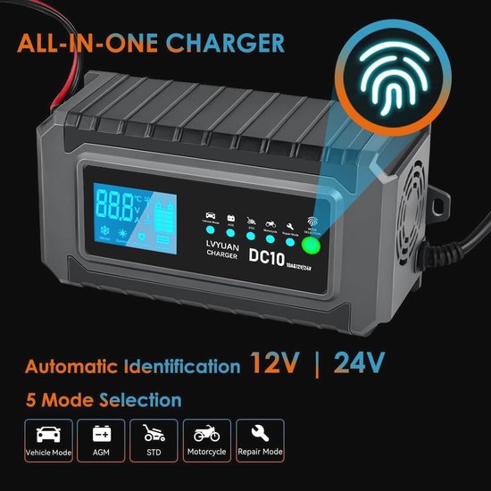 Automatische Batterijlader voor Auto en Motorfiets - 12V/24V, 10A/5A ...