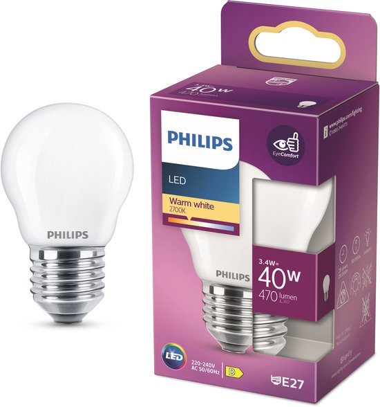 Philips LED lamp E27 - Warm wit licht - 4,3W = 40W - Ø 4,5 cm | bol