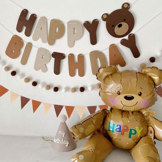 Happy Birthday-slinger met bruine beer en pompons voor volwassenen en ...