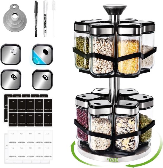 Spice Rack Rotating 2 Levels with 12 x 120 ml Spice Jars 360° Clock ...