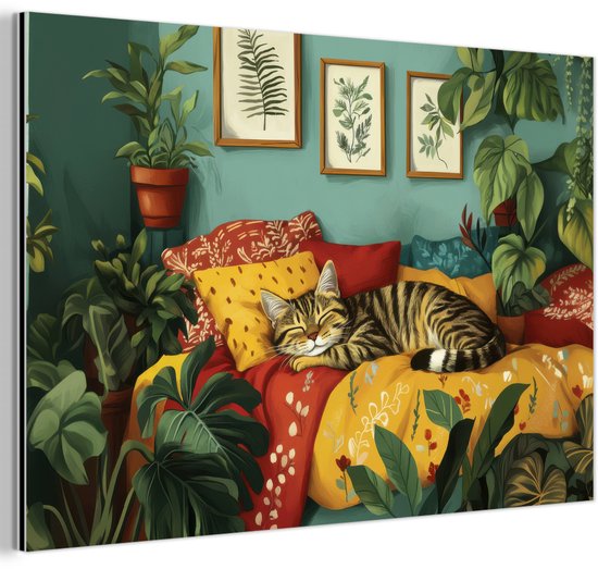 Aluminium schilderij 60x40 cm - Wanddecoratie metaal - Kat - Planten ...