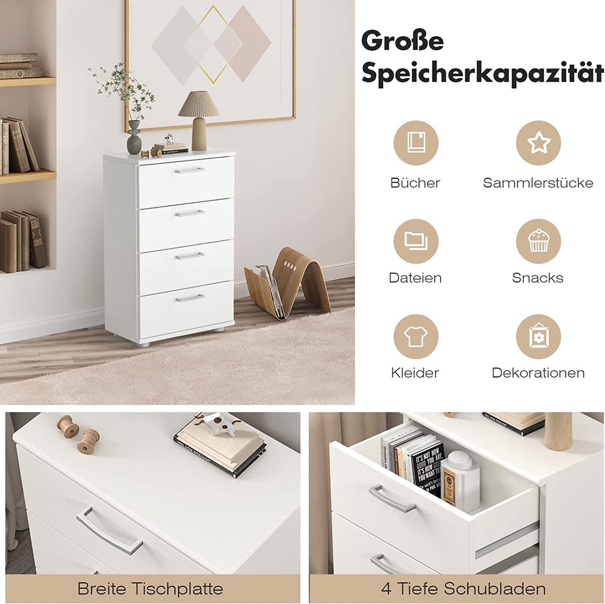 LIVINGSIGNS Dressoir met 4 laden, ladekast van hout, commode met ...