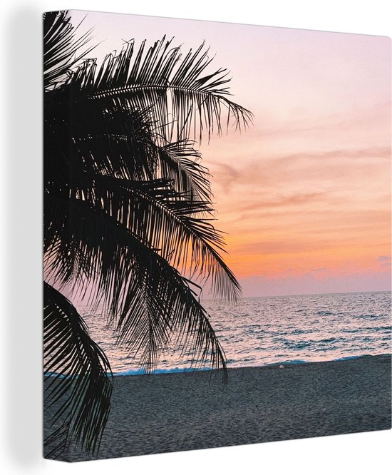 Canvas Schilderij Palmboom - Strand - Zee - Avond - 90x90 cm - Wanddecoratie | bol