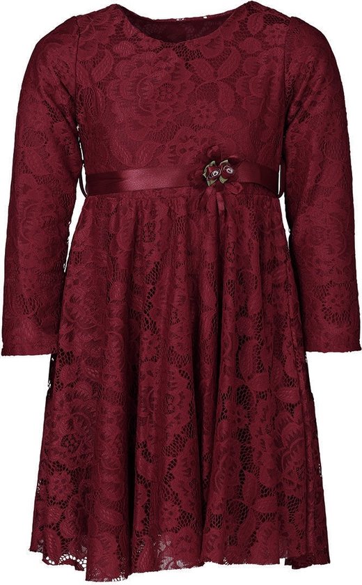 Meisjes kant jurk lange mouwen met sierstrik - bordeaux rood | Maat 140 ...