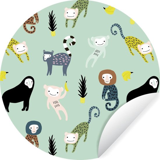 WallCircle - Muurstickers - Behangcirkel - Aap - Fruit - Groen - 50x50 cm - Muurcirkel... | bol