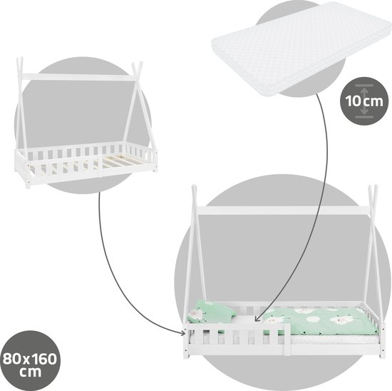 Kinderbed Tipi 80x160 cm wit gemaakt van dennenhout incl. matras H-10cm ...