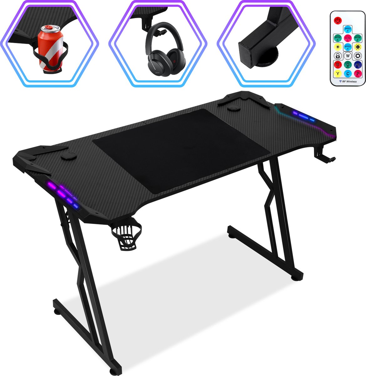 Game Bureau 140x60x75cm - Gaming Bureau met LED Verlichting - Gaming ...