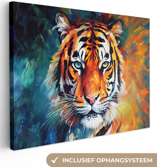 Canvas schilderij 120x90 cm - Wanddecoratie Tijger - Dieren - Olieverf - Kunst -... | bol