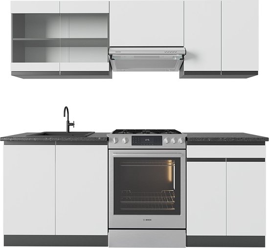 Vicco Complete keukeneenheid R-Line, Wit/antraciet/Antraciet, 200 cm J ...