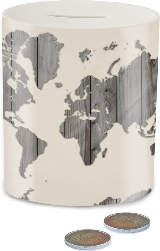 Spaarpot - Spaarblik - Wereldkaart - Hout - Design - Spaarpotten ...