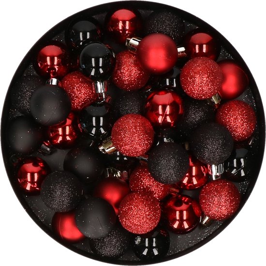 Kleine kerstballen - 40x st - zwart/rood - D3 cm - kunststof ...