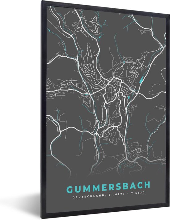Fotolijst incl. Poster - Gummersbach – Stadskaart – Blauw – Plattegrond ...