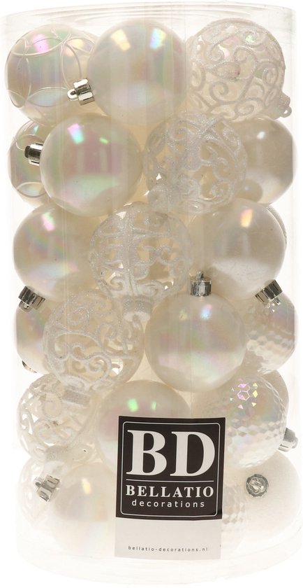 Bellatio Decorations Kerstballen mix - 74-delig - parelmoer wit en ...
