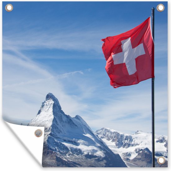 Tuinposters Zwitserse Vlag bij Matterhorn in Zwitserland - 50x50 cm ...