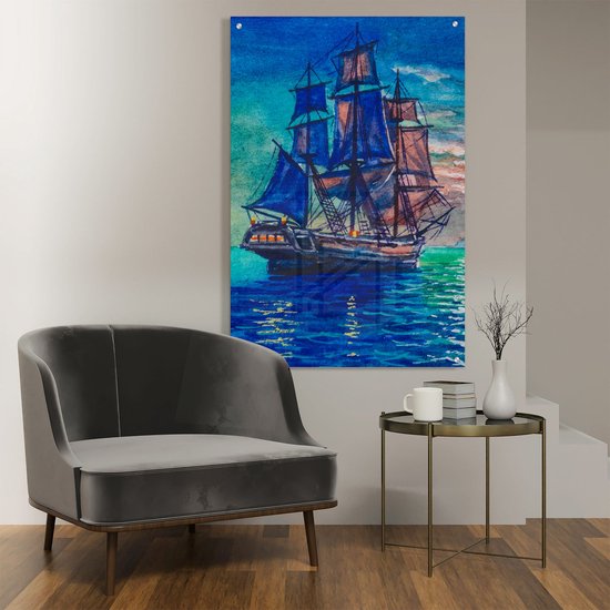 Artaza Glasschilderij - Oude Piratenschip Zeilboot Getekend - 90x135 ...