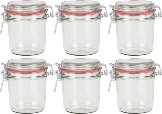 6x Weckpot/inmaakpot 400 ml met rode rubberen ring, klepdeksel en ...
