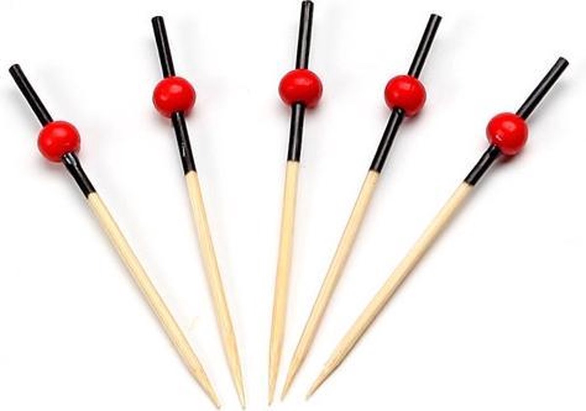 250 st. 250st. Cocktailprikkers bamboe zwart met kleine rode bol | bol.com