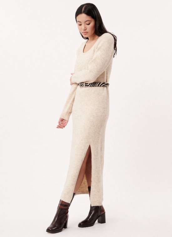 Beige lange gebreide jurk met vierkante hals Francine - FRNCH | bol.com