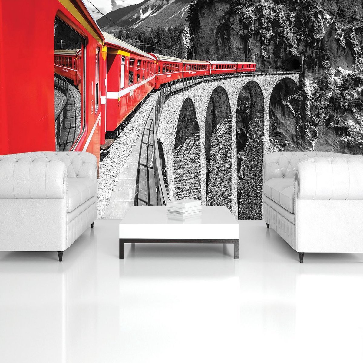 Fotobehang - Vlies Behang - Rode Trein op een Brug in de Bergen - 312 x ...