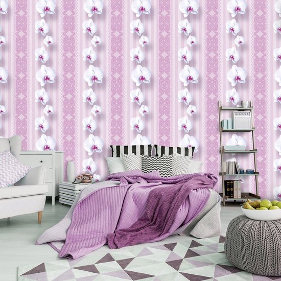 Fotobehang - Vlies Behang - Orchideeën op Roze Luxe Patroon - 254 x 184 ...