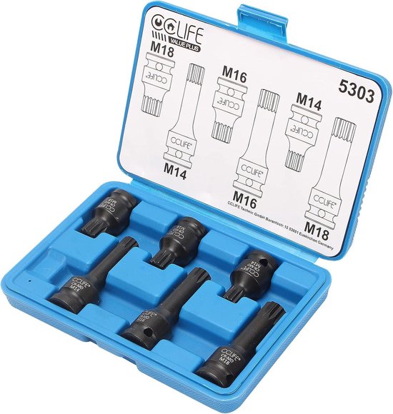6-Piece1/2 Drive XZN M14-M16-M18 Bit Socket Set - Cr-Mo Steel Bits with ...