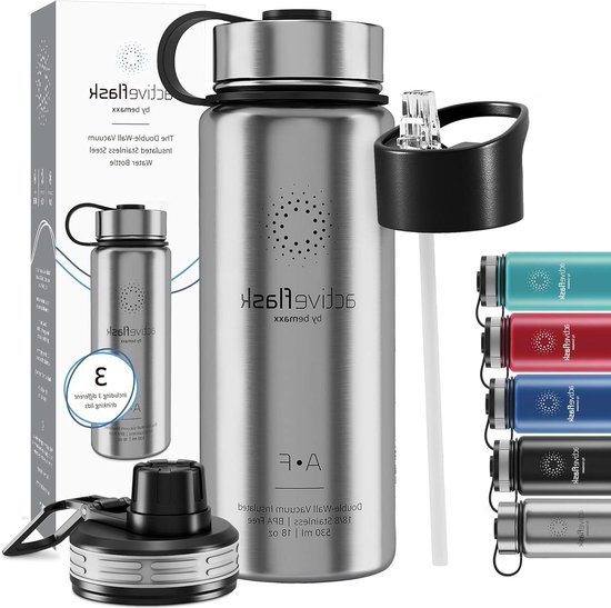 Waterfles RVS Thermosfles ACTIVE FLASK Strohalm BPA-Vrij Lekvrij 1 ...