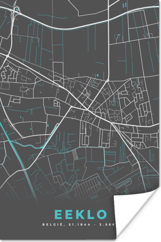 Poster België – Eeklo – Stadskaart – Kaart – Blauw – Plattegrond ...