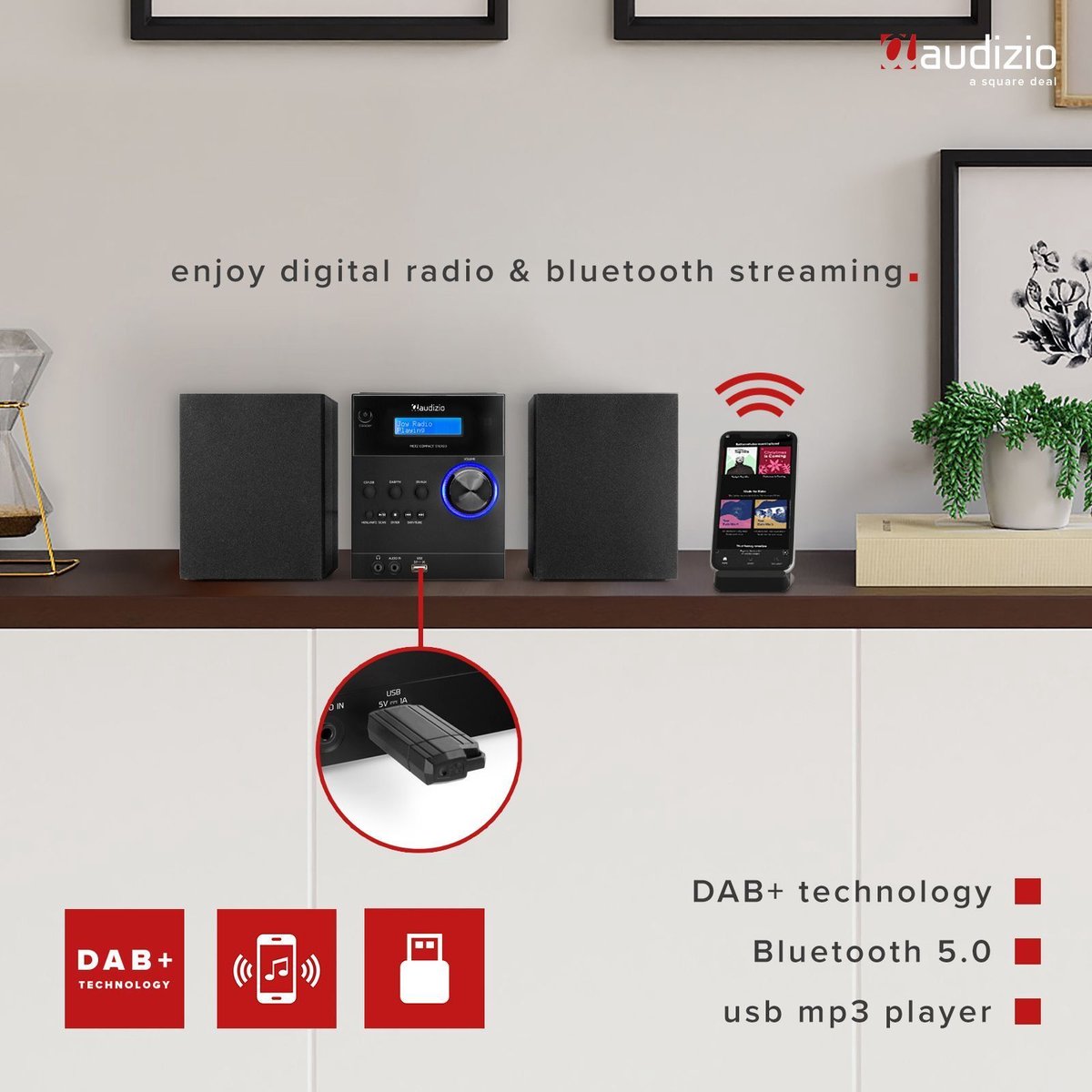 Stereo set - Audizio Metz - DAB radio met Bluetooth, mp3 en cd speler - Zwart | bol.com