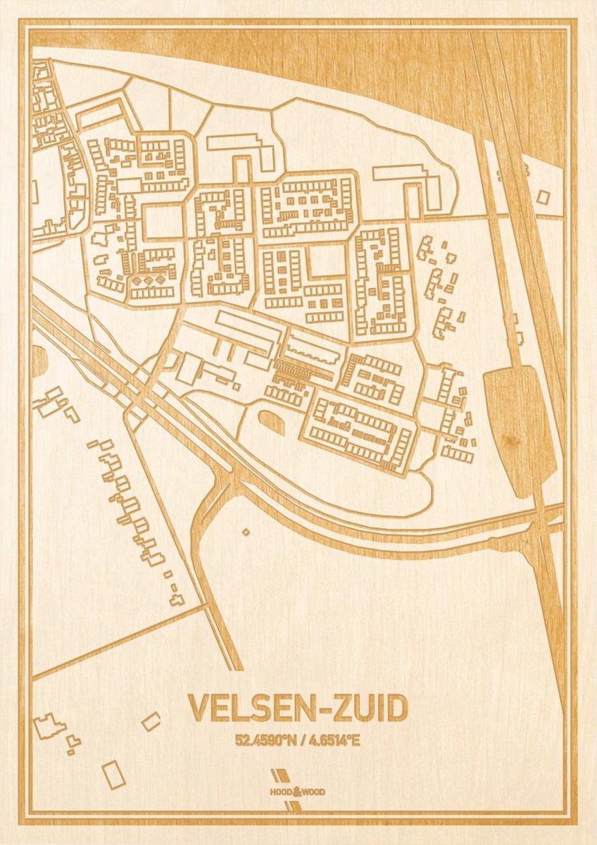 Kaart Velsen-Zuid - Gegraveerde stadskaart Hood&Wood - Hout, A4 | bol.com