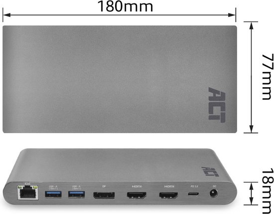 ACT USB-C Docking Station 4K, voor 2 of 3 HDMI/DisplayPort monitoren ...