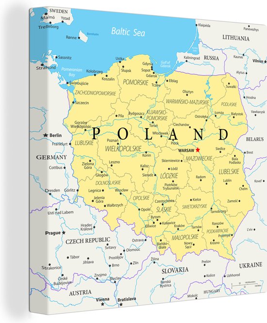 Canvas Schilderij Kaart van Polen - 20x20 cm - Wanddecoratie | bol