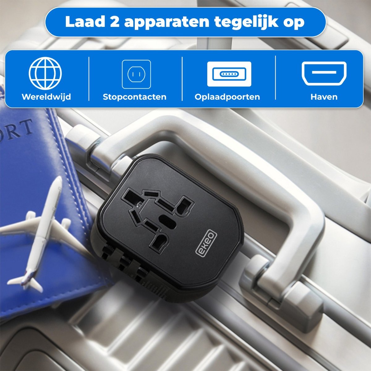EKEO - Universele Wereldstekker - Reisstekker met 2 Quick USB Poorten ...