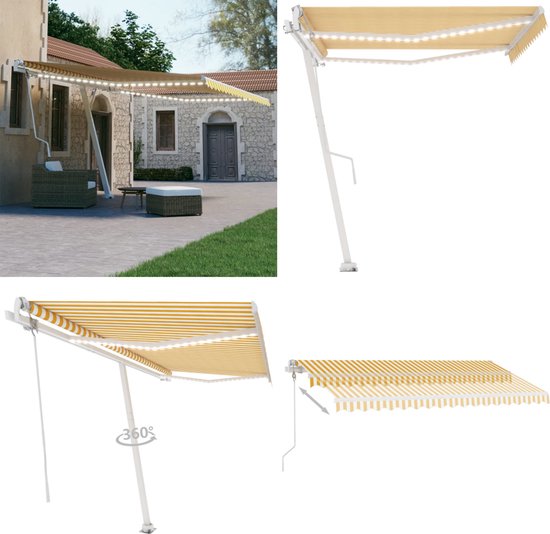 vidaXL Luifel automatisch met LED en windsensor 450x300 cm geel en wit ...