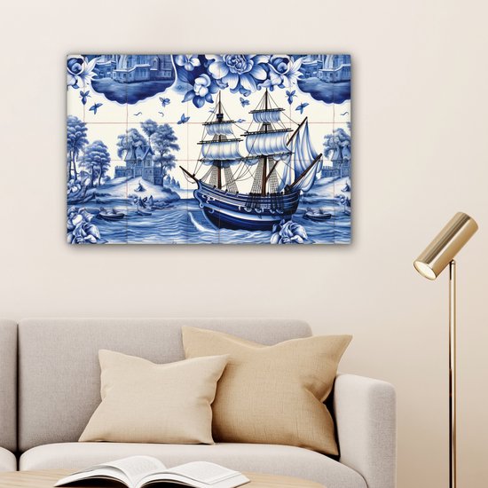 Canvas schilderij 150x100 cm - Wanddecoratie Boot - Zee - Bloemen ...