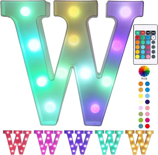 Lichtgevende Letter W - 22 cm - RGB Met Afstandsbediening | bol