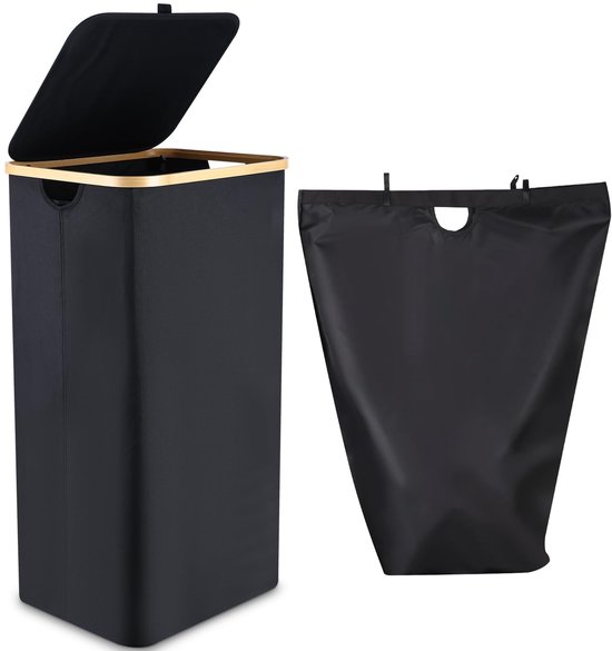 Wasmand met deksel 100L, wasbox met bamboe handvat en binnenzak, bamboe wasmand, grote... | bol