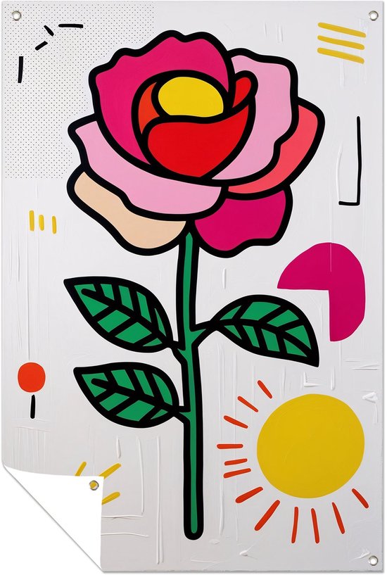 Roze roos in pop art-stijl - Roos poster - Tuinschilderijen bloemen ...