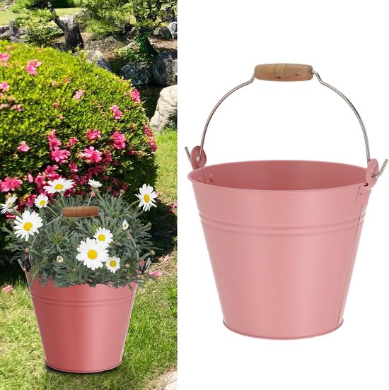 Roze verzinkte emmer met houten handvat - 26 cm | bol