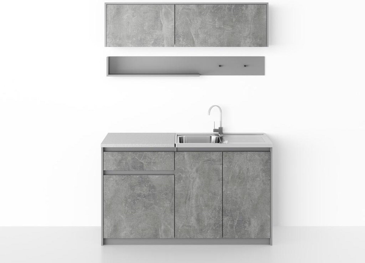 Kleine Keuken 140 cm – Betonlook – Keukenblok met Spoelbak & Sifon ...
