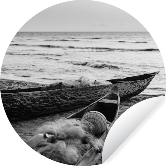 WallCircle - Muurstickers - Behangcirkel - Boten op het strand - zwart-wit - 80x80 cm... | bol