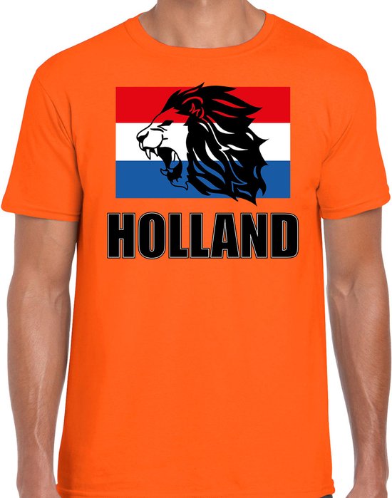 Oranje fan t-shirt voor heren - met leeuw en vlag - Holland / Nederland ...