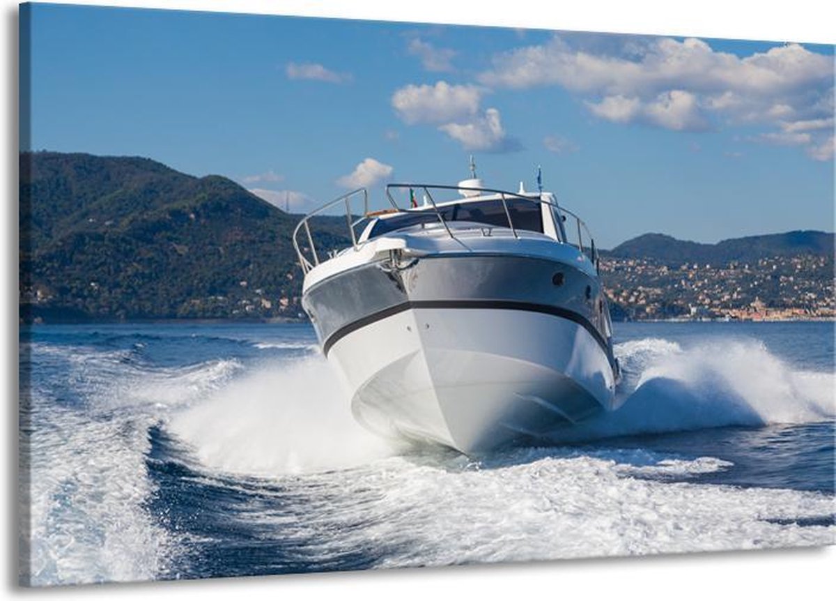 Schilderij Op Canvas - Groot - Boot, Water - Grijs, Wit, Blauw ...